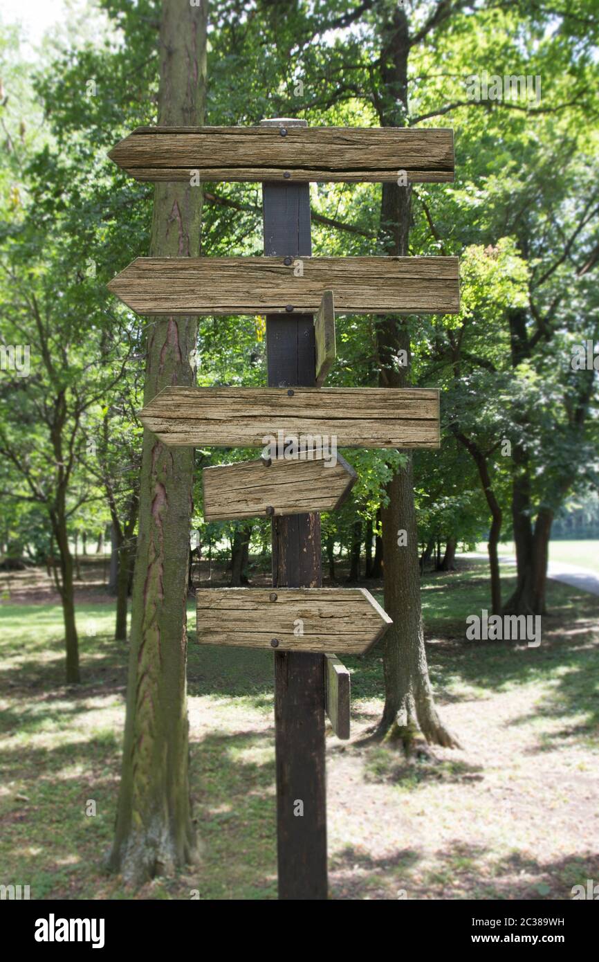 Wooden Arrows Direction Sign Post Against Nature Background Stock Photo ...