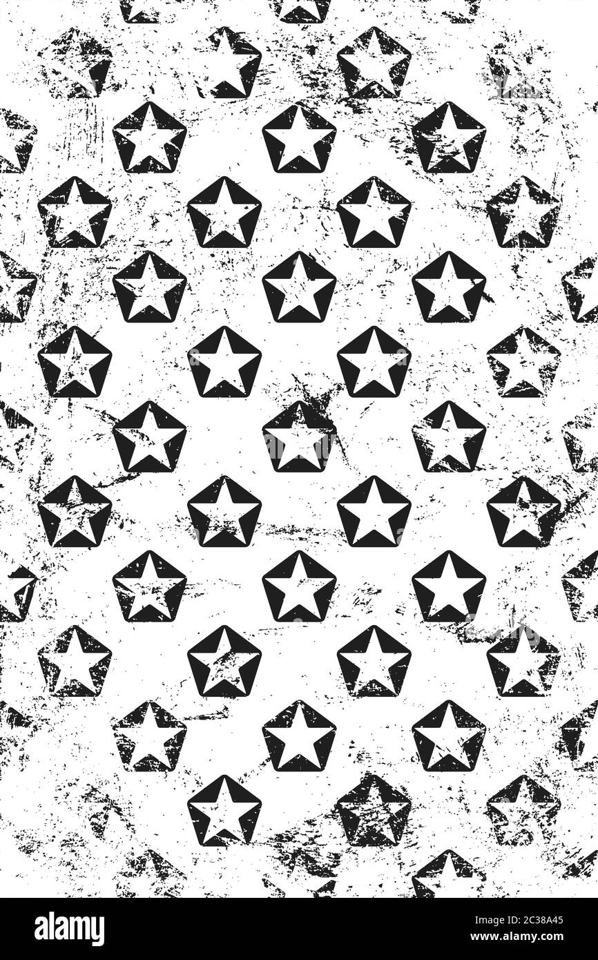 Grunge pattern with stars in pentagons. Vertical black and white ...