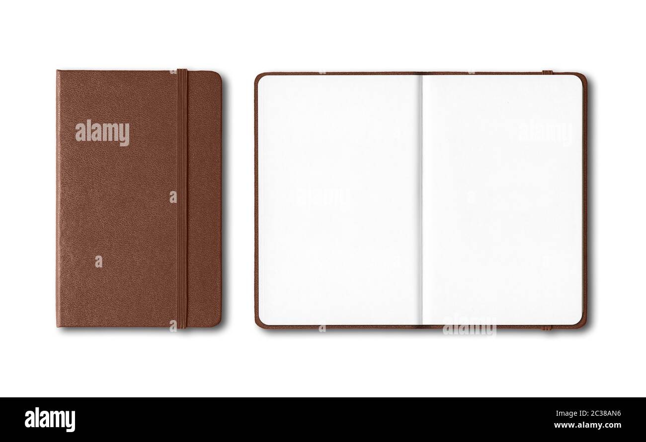 Dark leather closed and open notebooks mockup isolated on white Stock ...