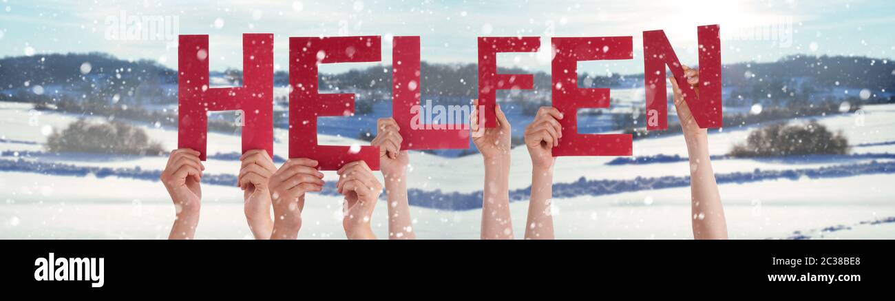People Hands Holding Colorful German Word Helfen Means Help. Snowy ...