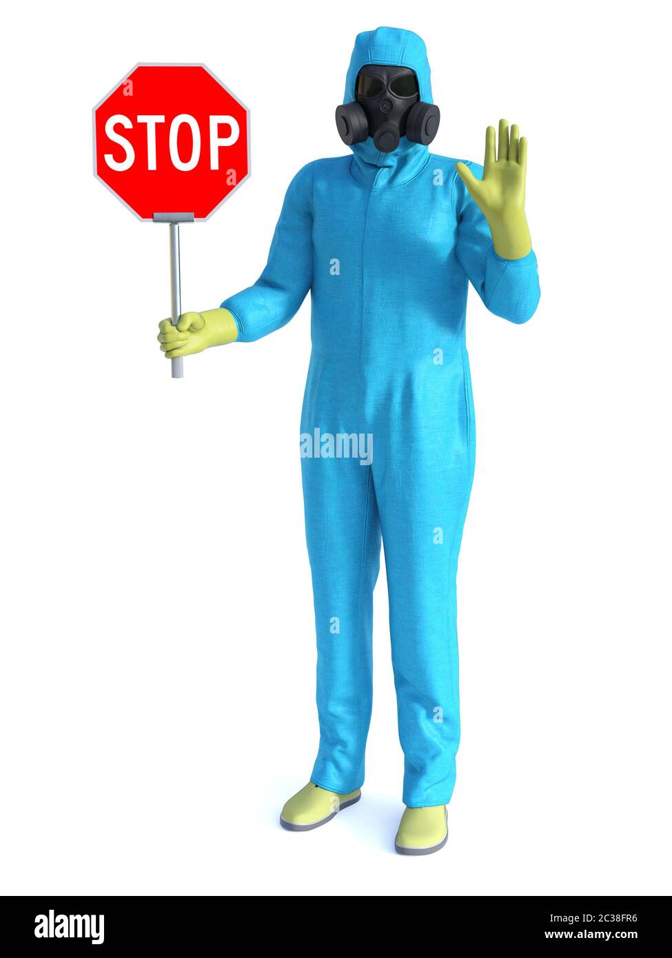 3D rendering of person wearing blue hazmat suit holding a stop sign in ...