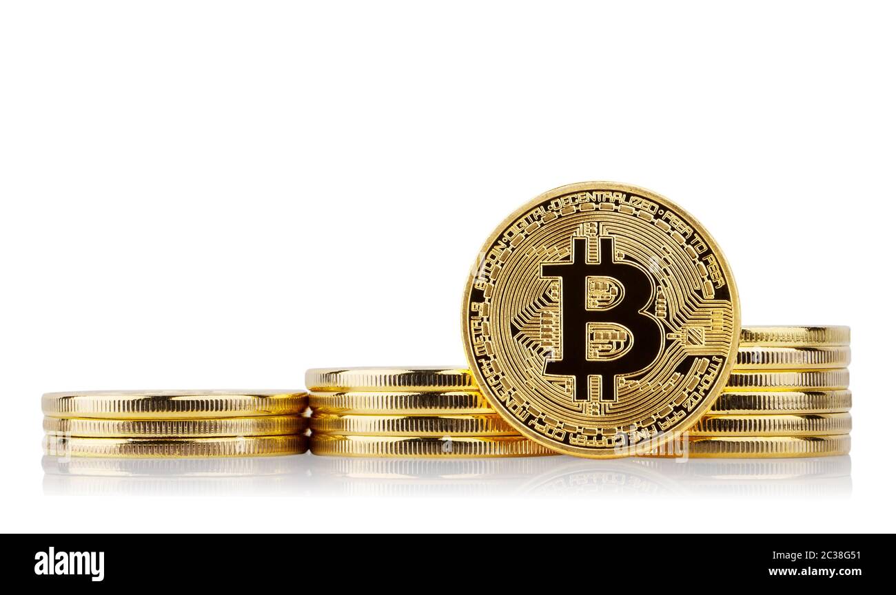 Three rising stacks and gold bitcoin face standing isolated on a white ...