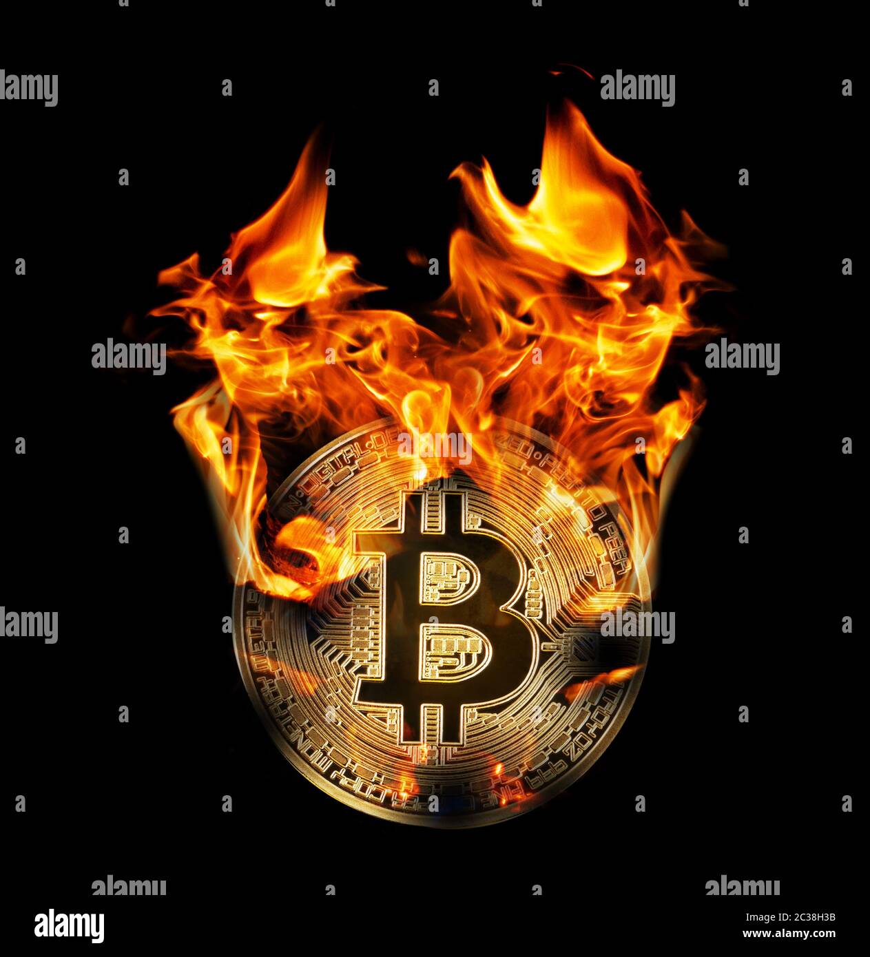 Burning in fire golden bitcoin isolated on black background Stock Photo ...