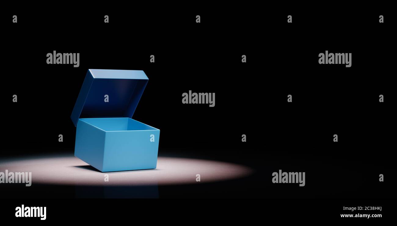 Simple Open Blue Box with Cover Spotlighted on Black Background with ...