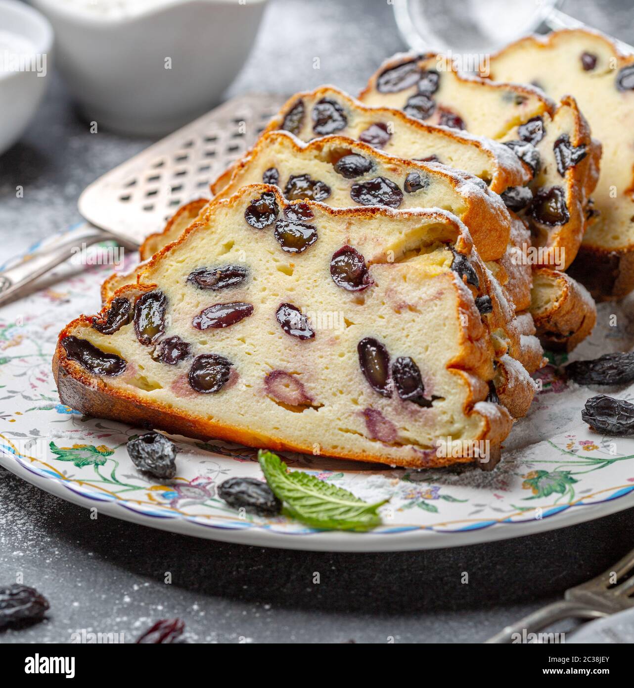 Homemade cottage cheese casserole with raisins Stock Photo - Alamy