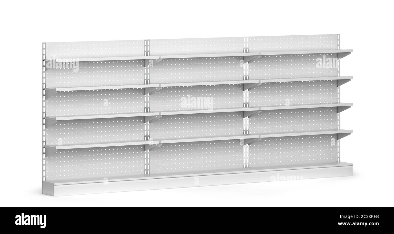 Empty market shelves mockup. 3d illustration isolated on white ...