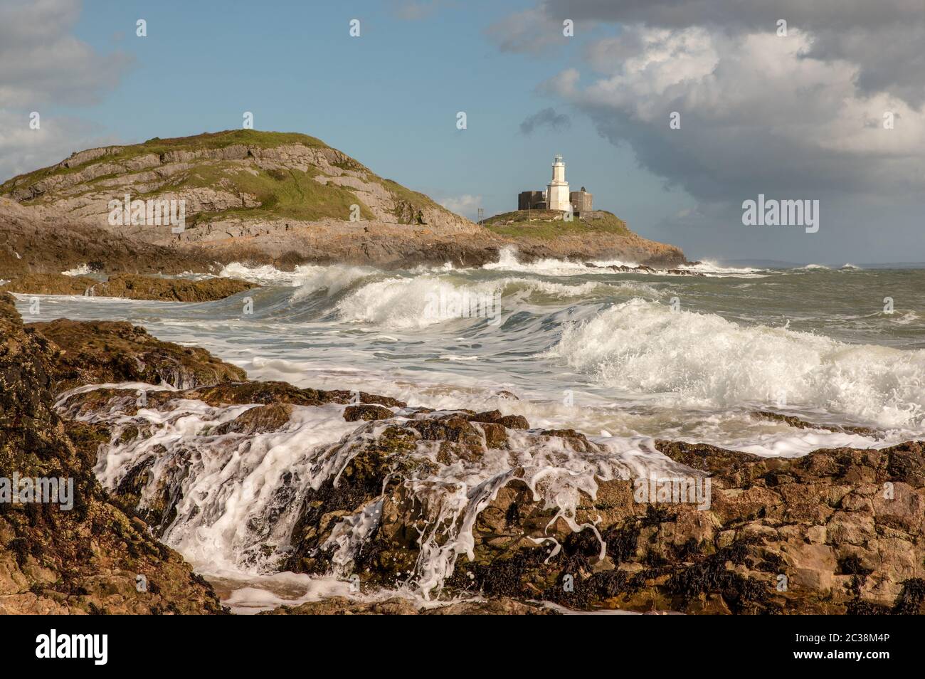 Mumbles lighthouse, Bracelet Bay, Swansea, Wales, UK, photographed on a ...