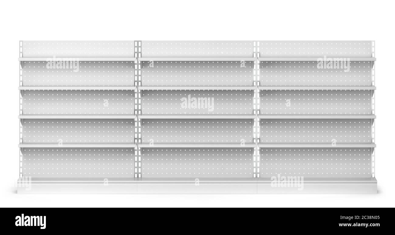 Empty market shelves mockup. 3d illustration isolated on white ...