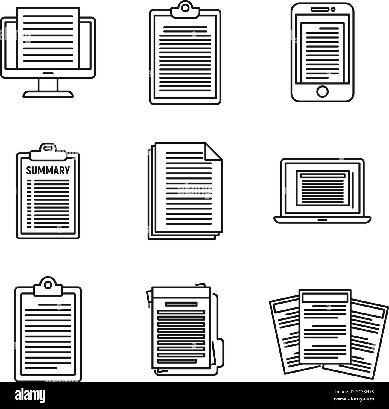 Summary text icons set. Outline set of summary text vector icons for ...