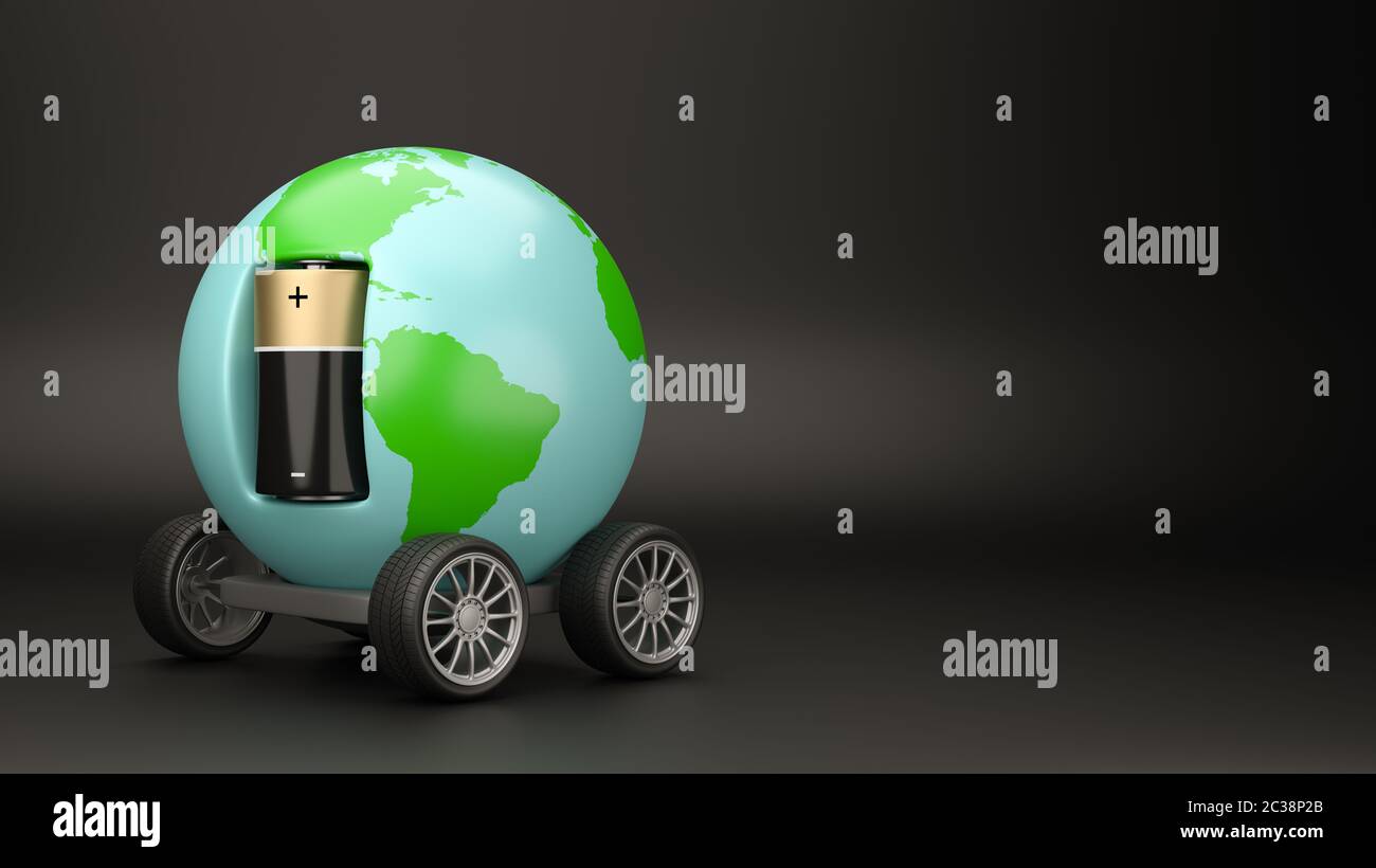 World Planet with Wheels Powered by an Electric Battery on Black ...