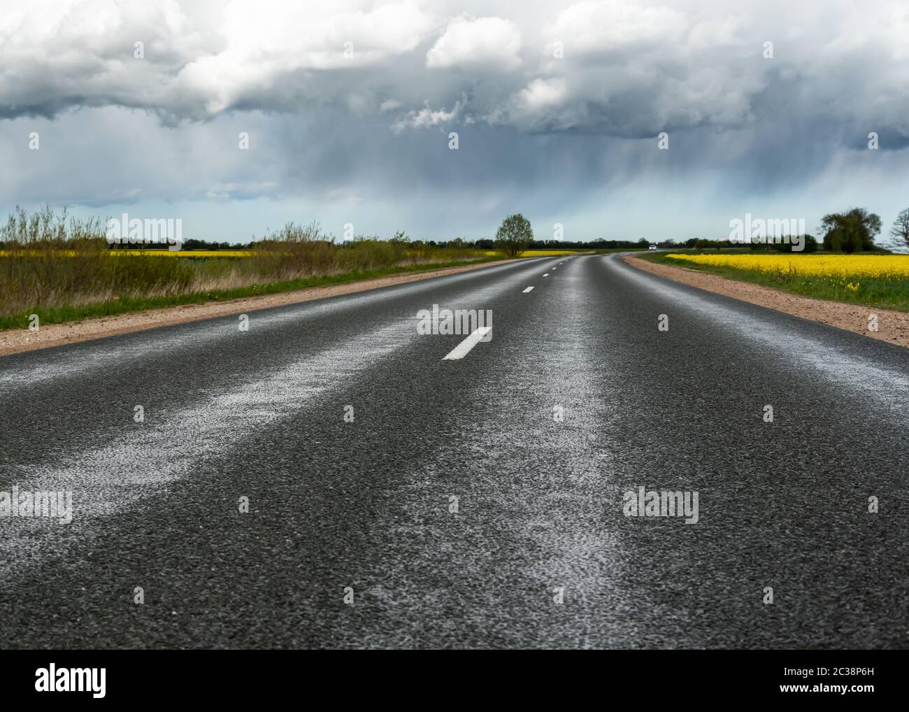 Wet asphalt road beatween fields Stock Photo - Alamy