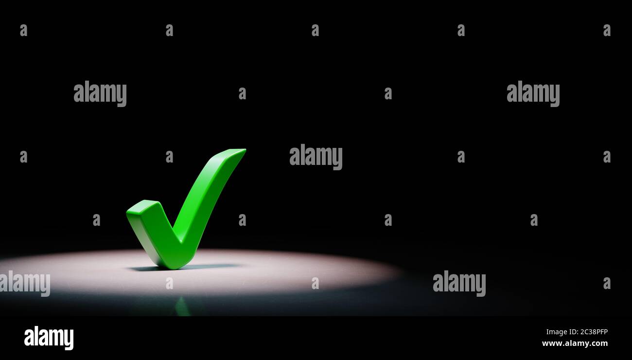 Green Tick Mark Spotlighted on Black Background with Copy Space 3D ...