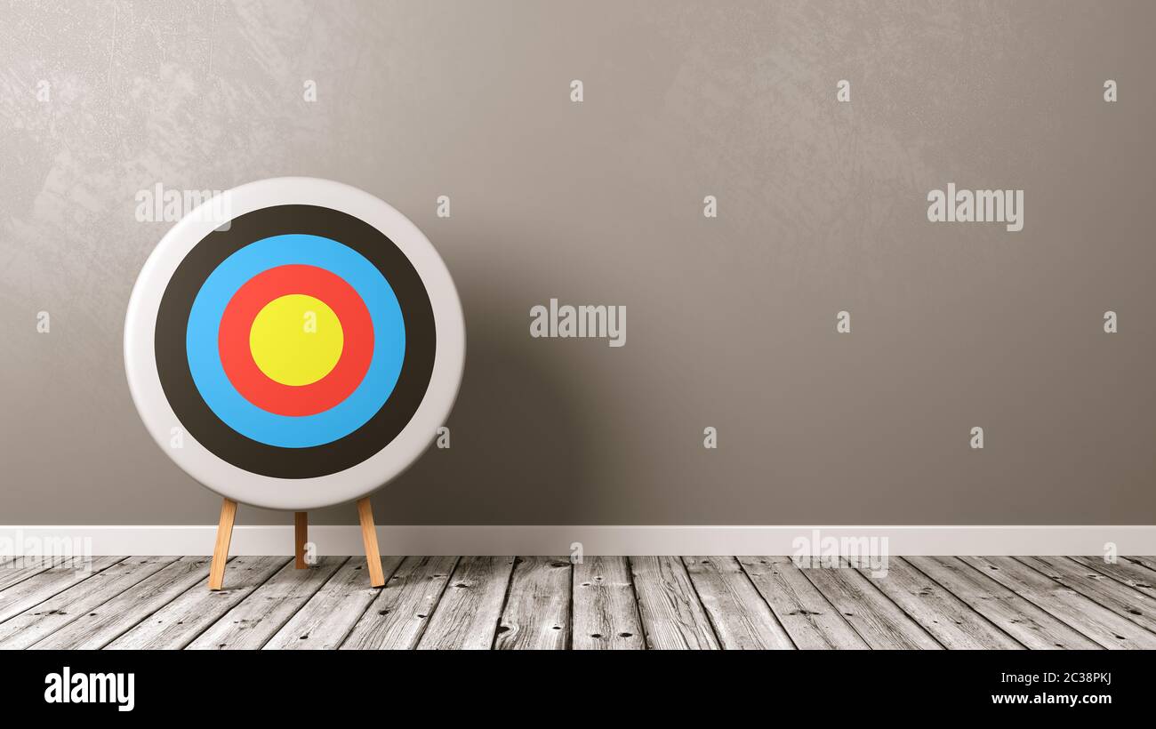 Colorful Arrow Target on Wooden Floor in a Gray Wall Room with Copy ...
