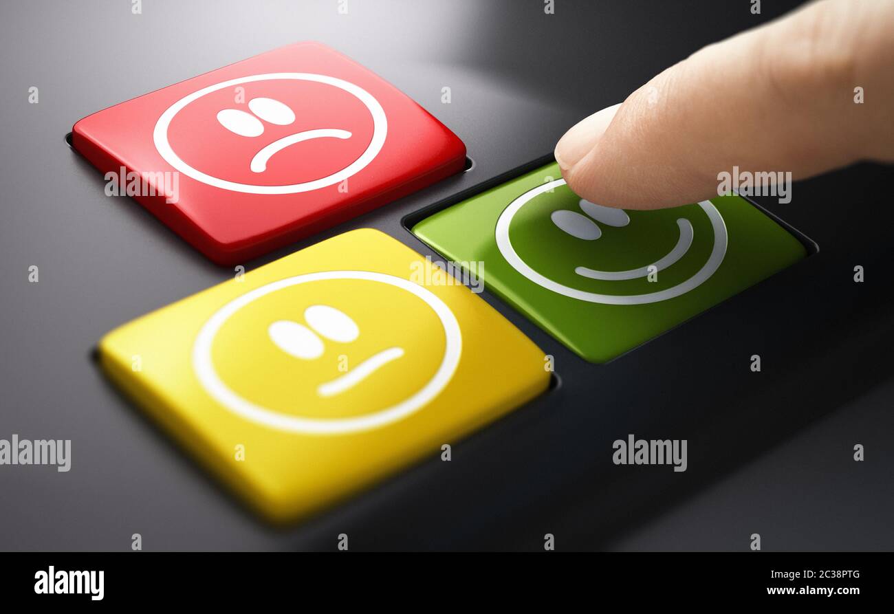 Finger pushing the happy button on a customer feedback device ...