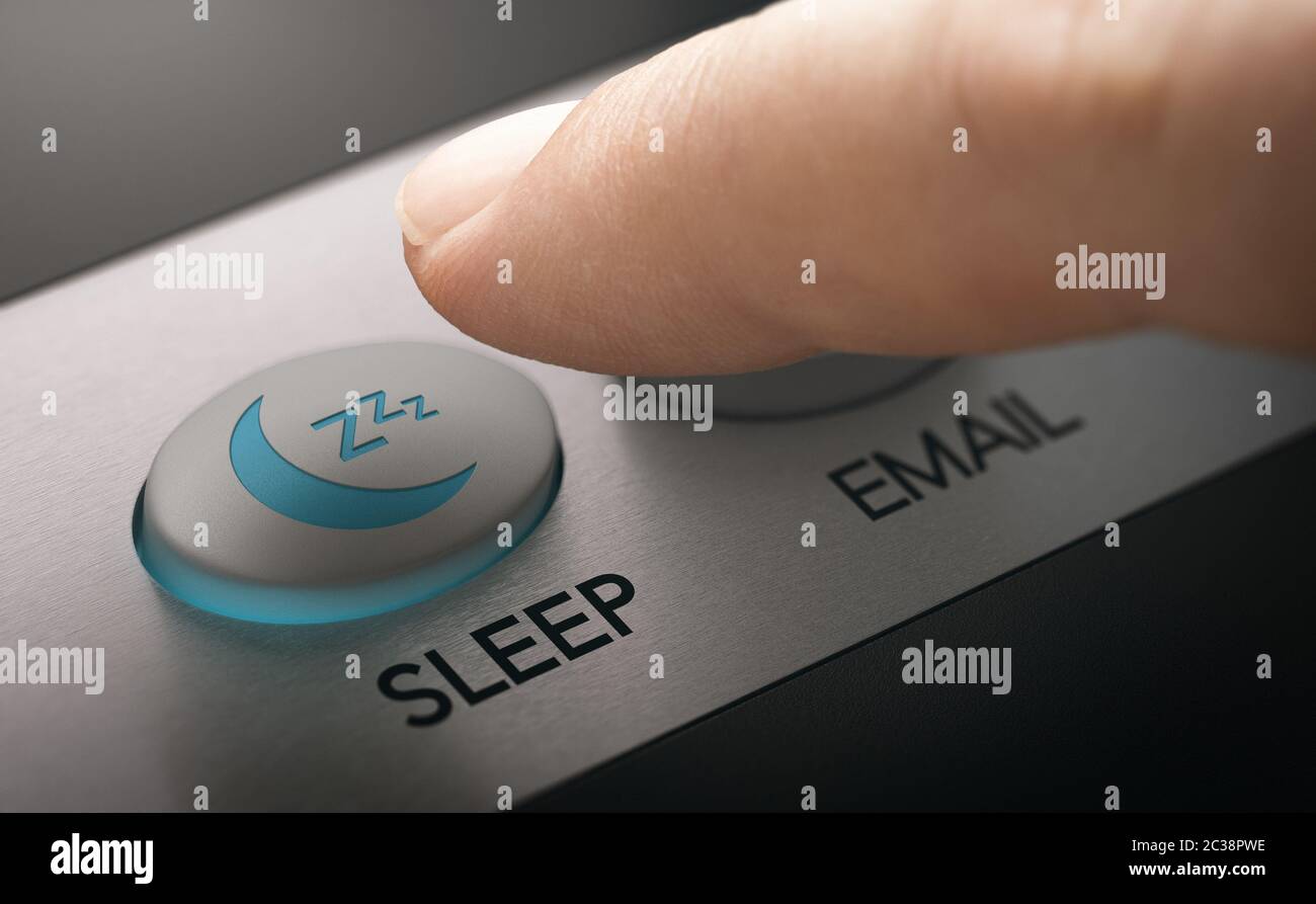 Finger pressing a button to switch computer to sleep mode. Composite ...