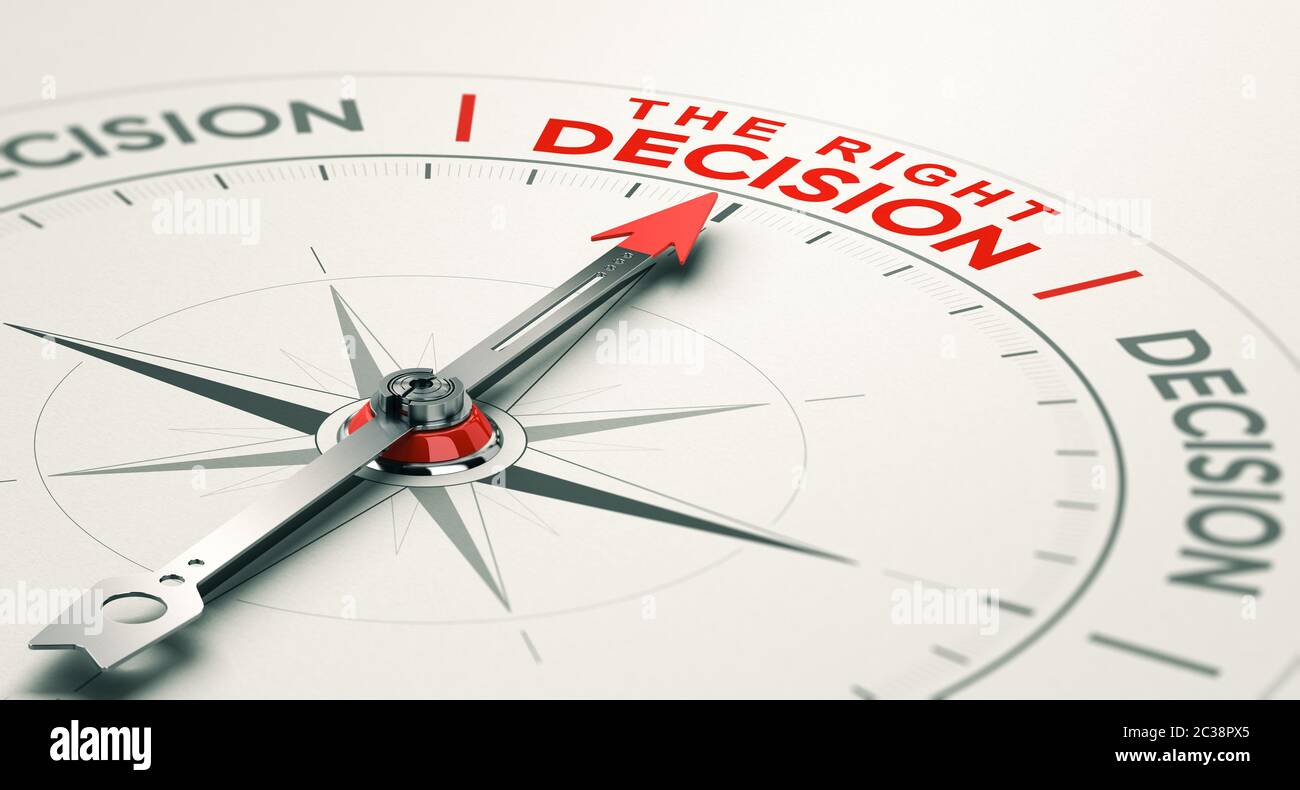 Conceptual compass with needle pointing the right decision. Business ...