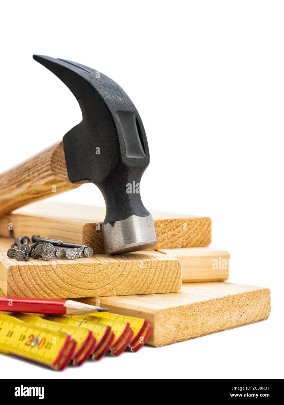 Close-up of hammer and carpenter's tools on a white background ...