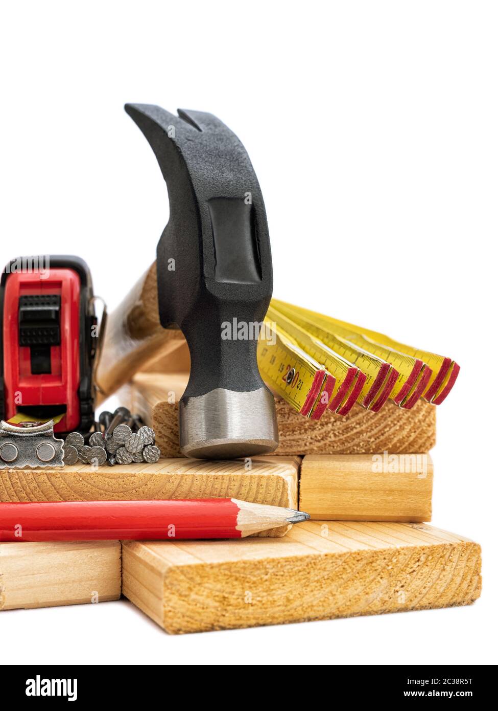 Close-up of hammer and carpenter's tools on a white background ...