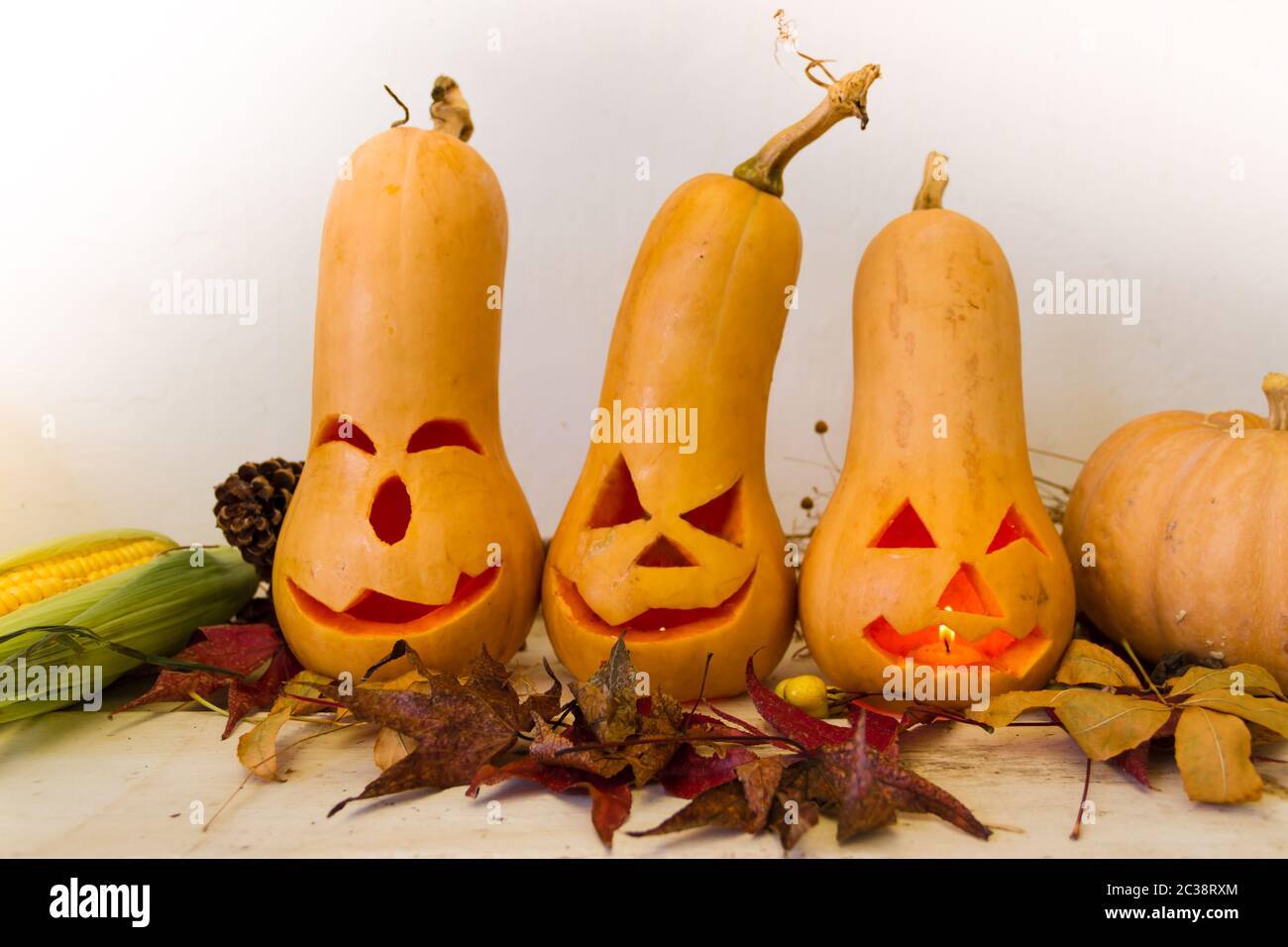 original decorations with long neck pumpkins halloween Stock Photo - Alamy