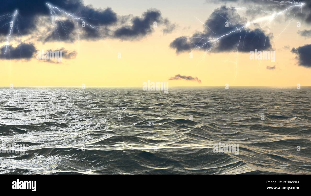 Lightning strikes on the sea surface in stormy sea in the Atlantic ...