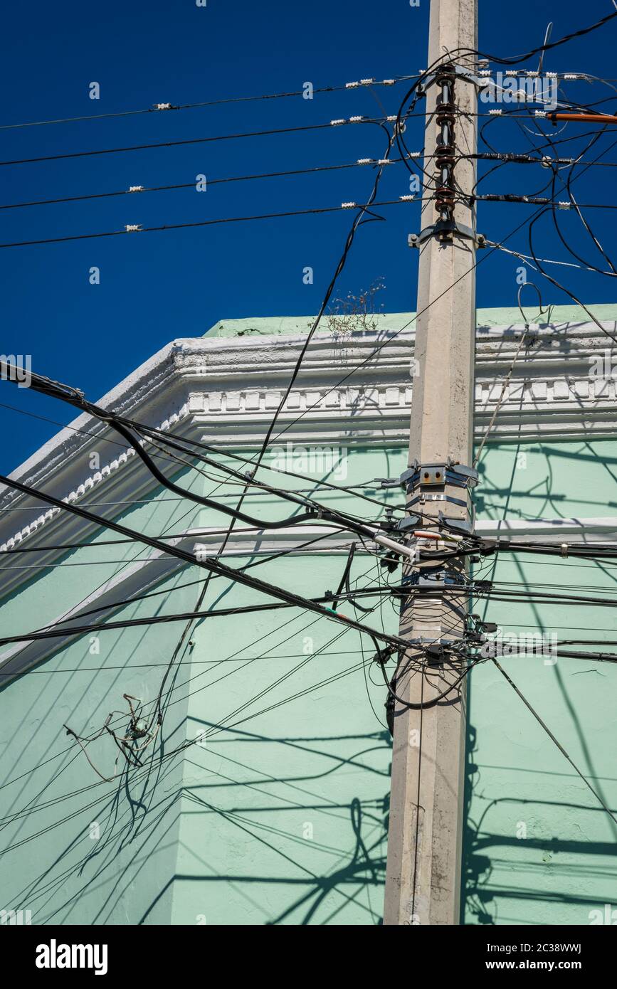 Utility pole with many wires, Merida, Mexico Stock Photo - Alamy
