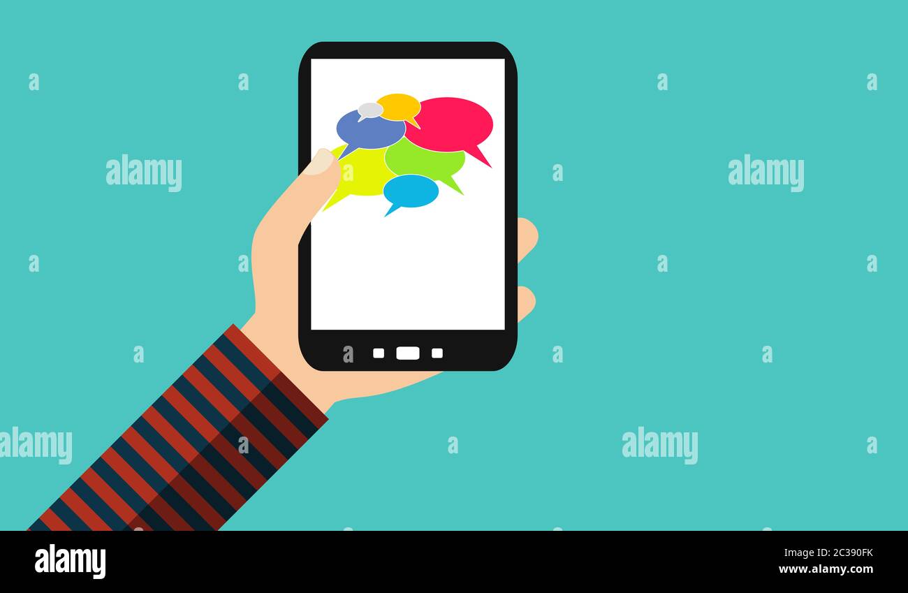 Hand holding mobile phone: Social Media Speech Bubbles - Flat Design Stock Photo - Alamy