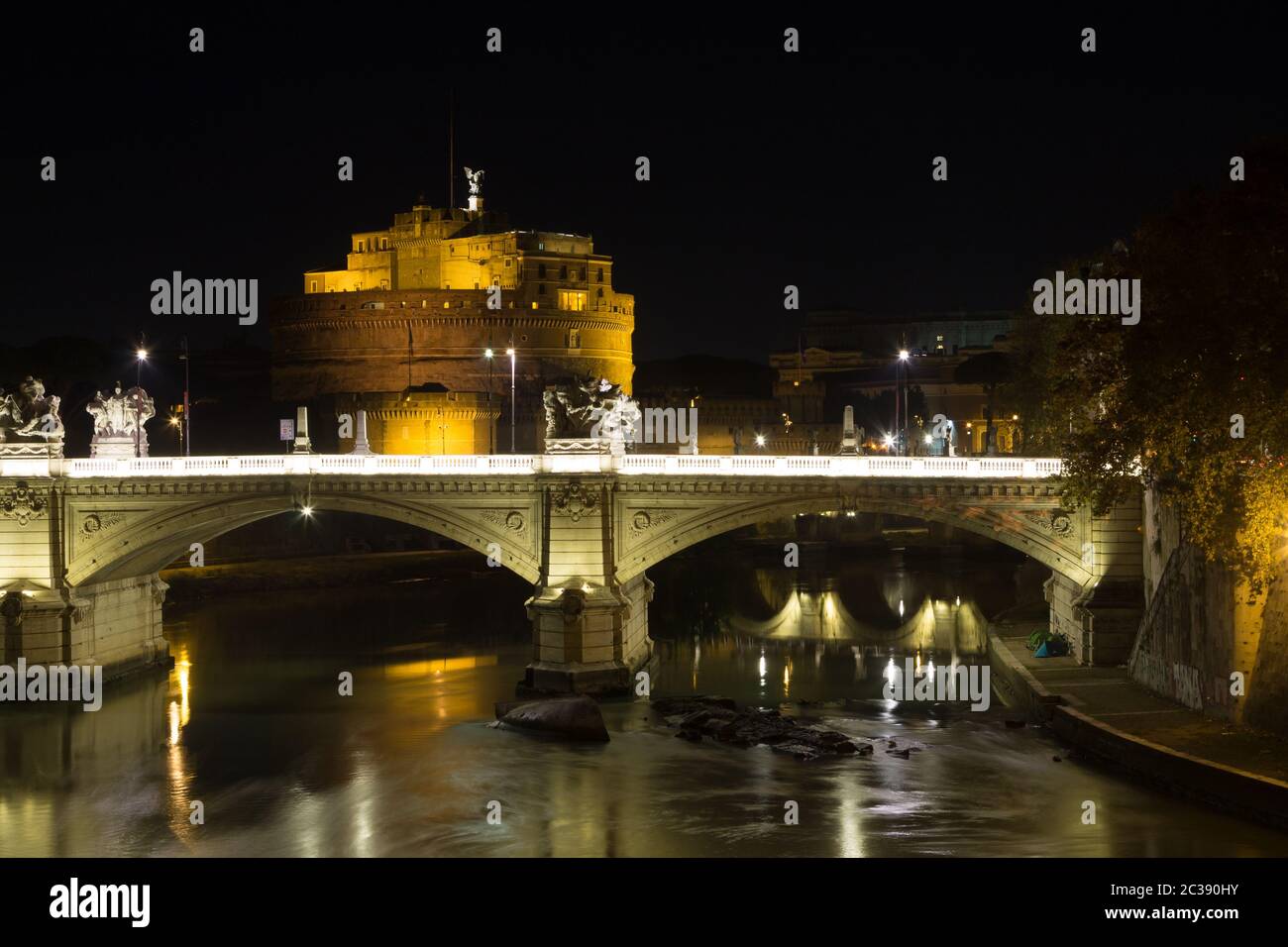 Night scene of Rome, Tevere river and Mausoleum of Hadrian. Italian ...