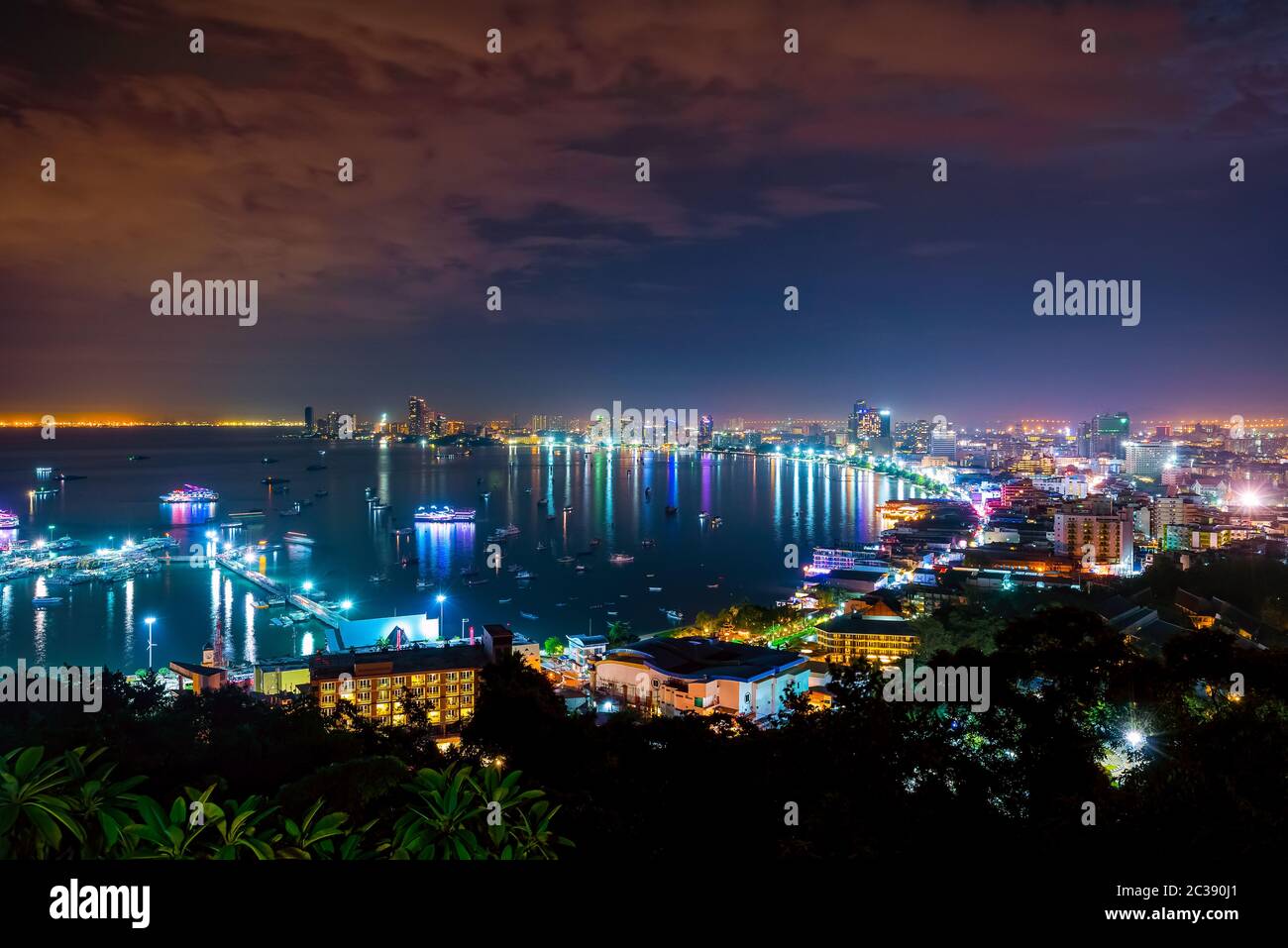 High view on viewpoint see cityscape with colorful light at the beach ...