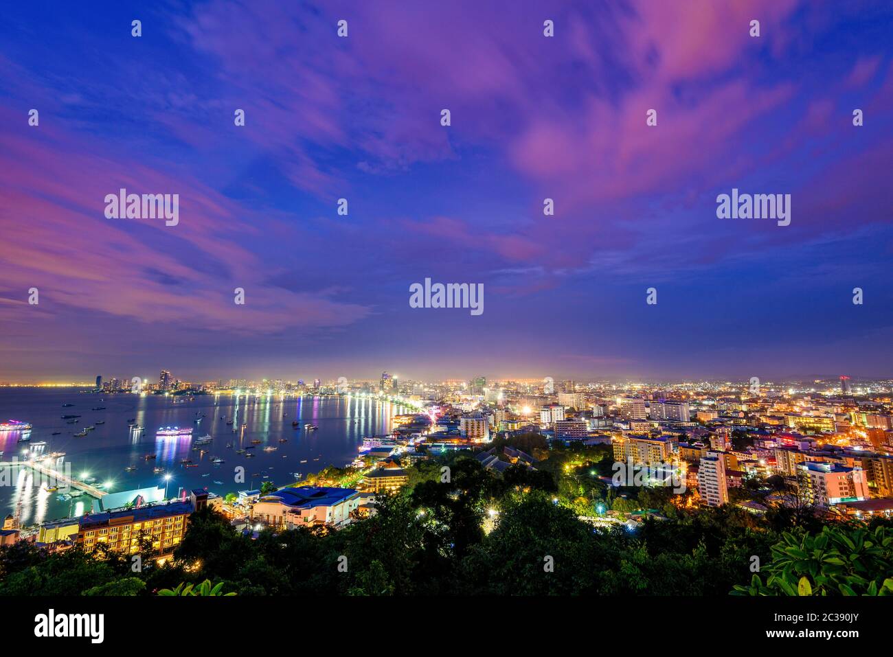 High view on viewpoint see cityscape with colorful light at the beach ...