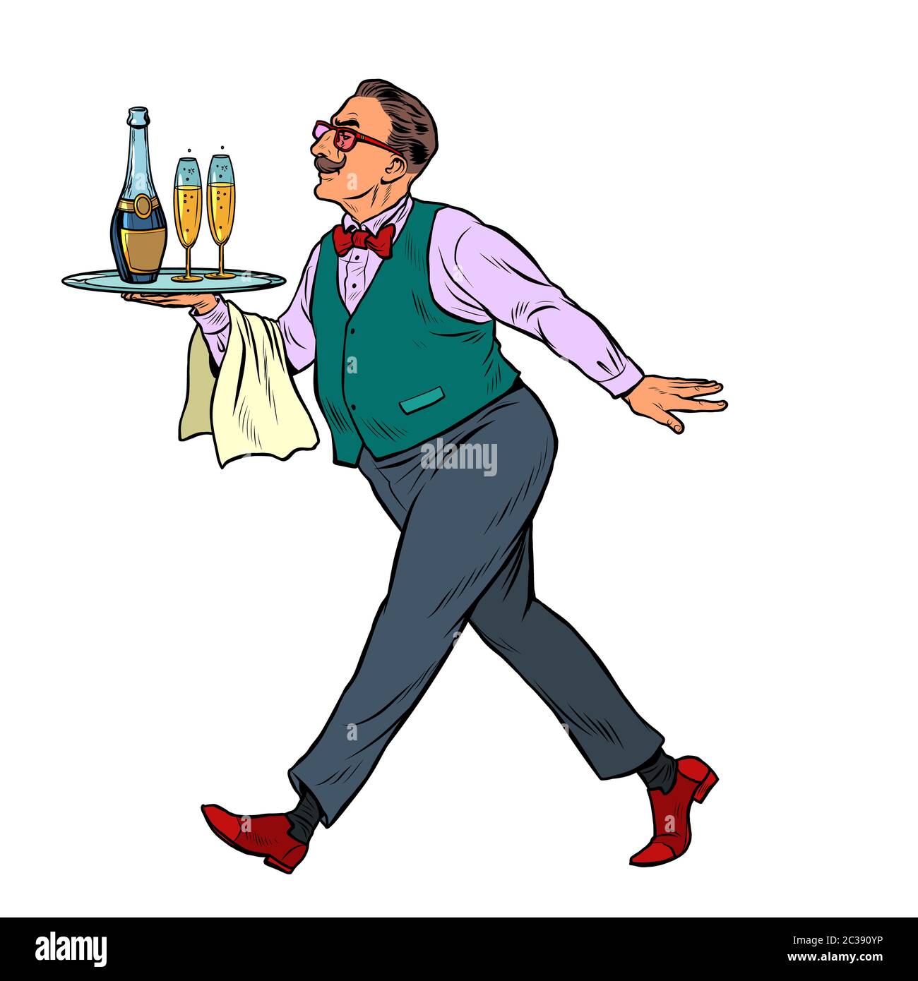 Waiter With A Cap Tray With Glasses Pop Art Retro Vector Illustration Vintage Kitsch 50s 60s