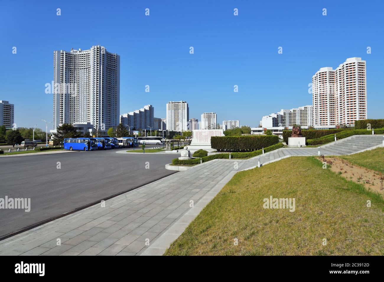 North Korea, Pyongyang - May 2, 2019: View on the modern avenue and ...