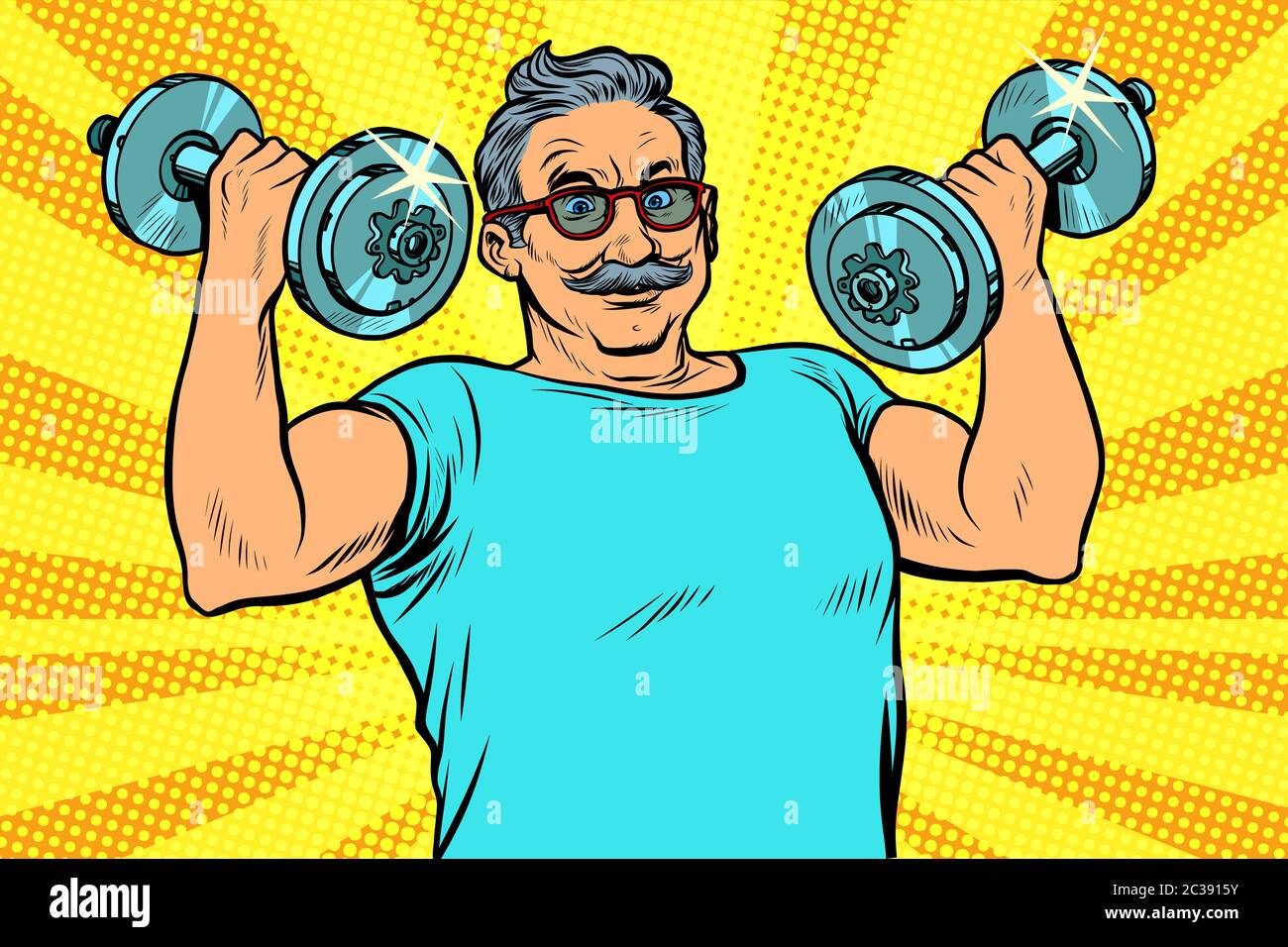 elderly man lifts dumbbells, fitness sport. Pop art retro vector ...