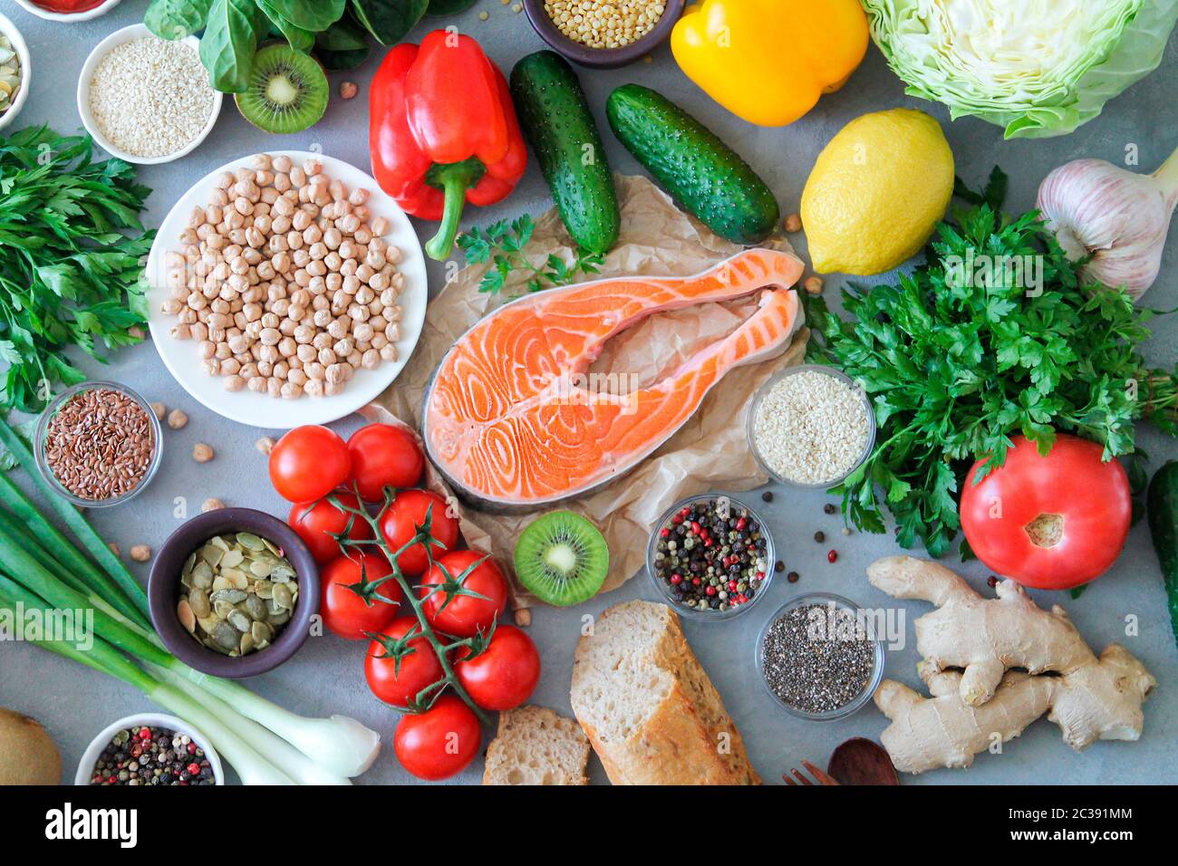 Food sources of omega 3, protein and healthy fats on light stone ...