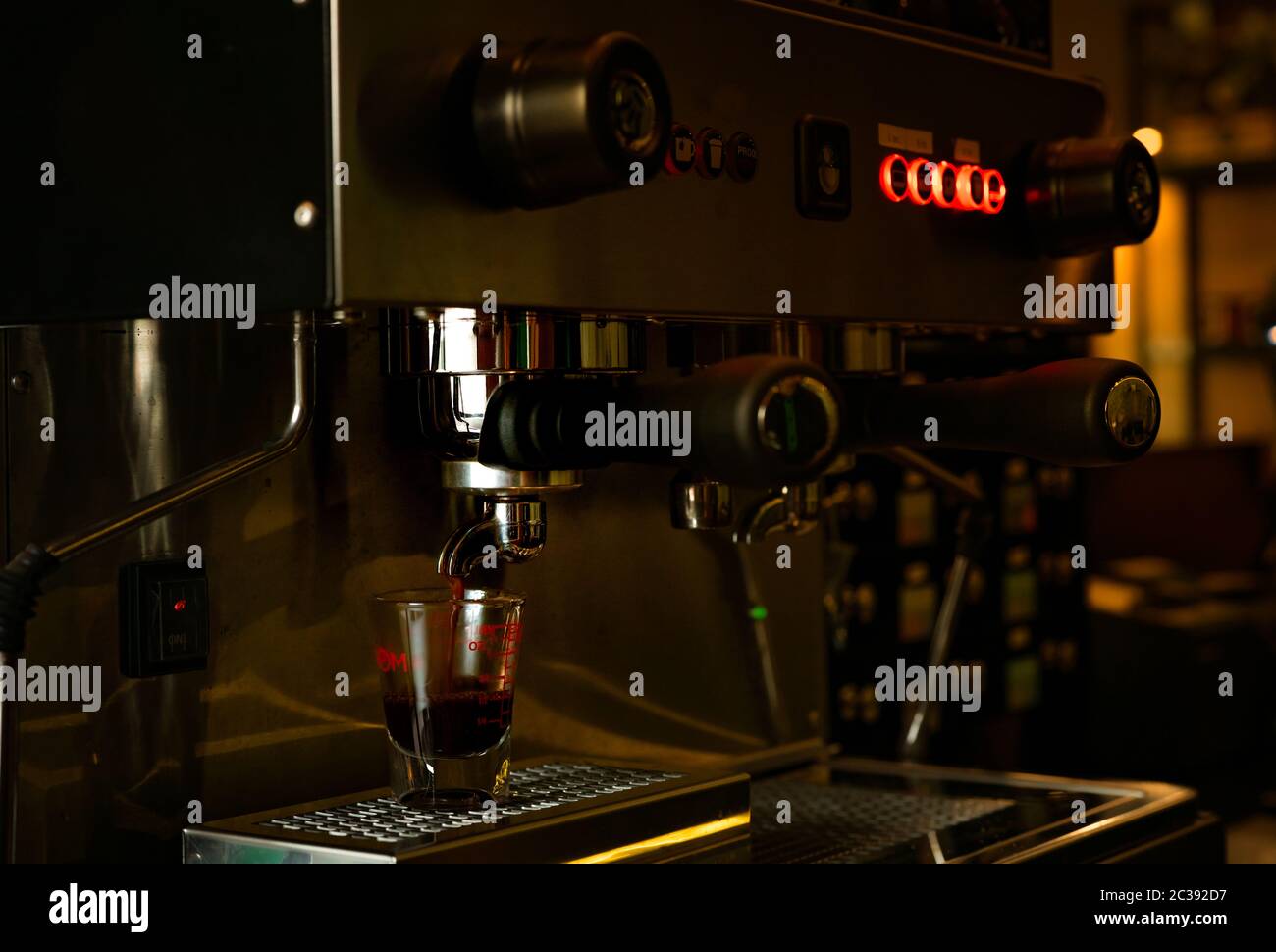 Closeup professional coffee machine in coffee shop. Coffee maker for ...