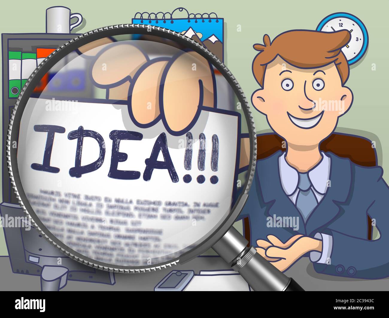 Man Showing a Paper with Text Idea. Closeup View through Lens. Colored ...