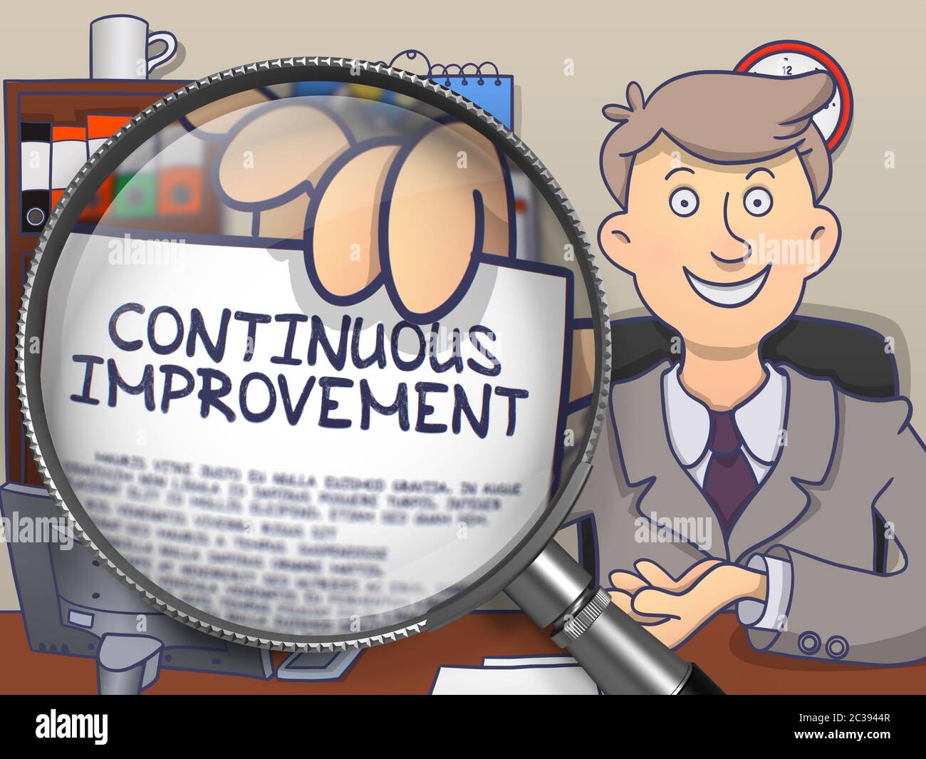 Continuous Improvement through Lens. Businessman Showing a Paper with ...