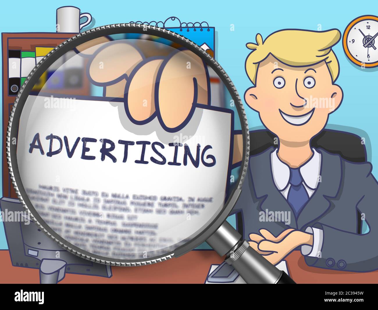 Business Man in Suit Looking at Camera and Shows Paper with Advertising ...