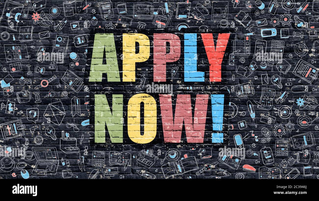 Multicolor Concept - Apply Now on Dark Brick Wall with Doodle Icons ...