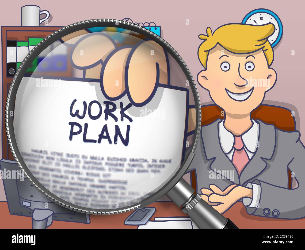 Work Plan through Lens. Officeman Showing a Paper with Concept. Closeup ...