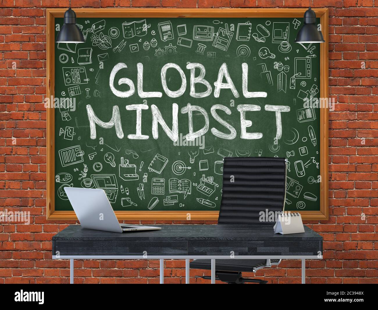 Green Chalkboard with the Text Global Mindset Hangs on the Red Brick ...