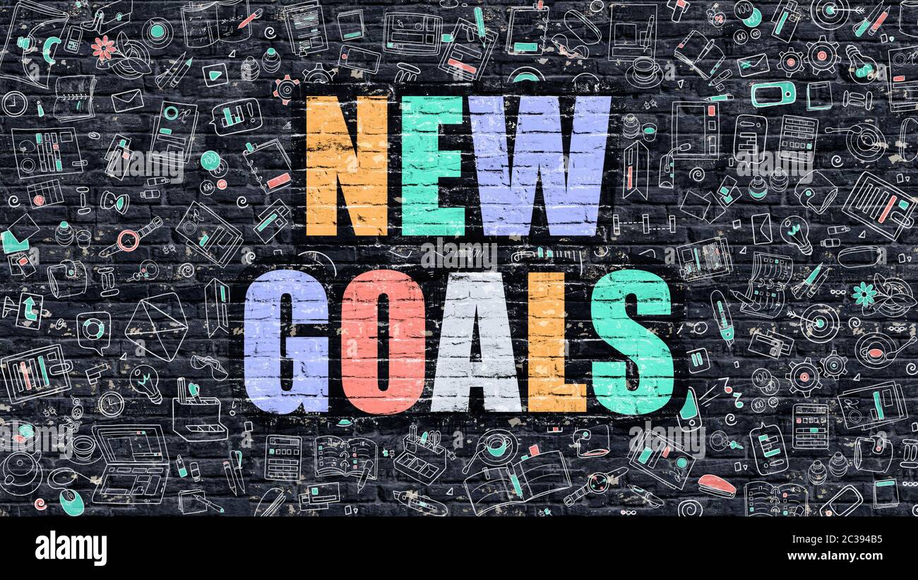 New Goals. Multicolor Inscription on Dark Brick Wall with Doodle Icons ...