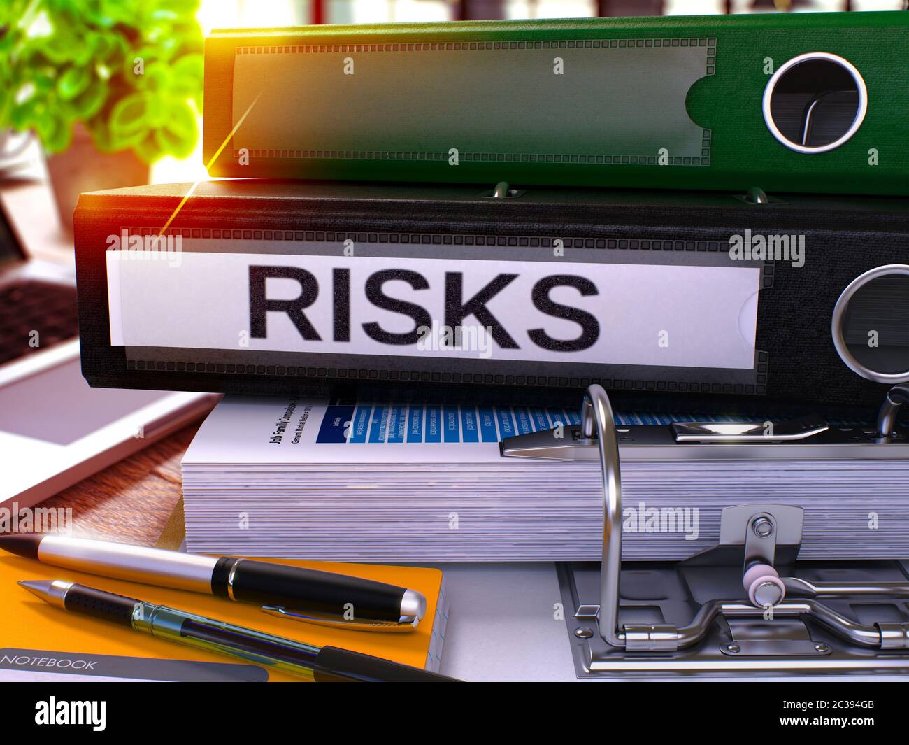 Risks - Black Ring Binder on Office Desktop with Office Supplies and ...