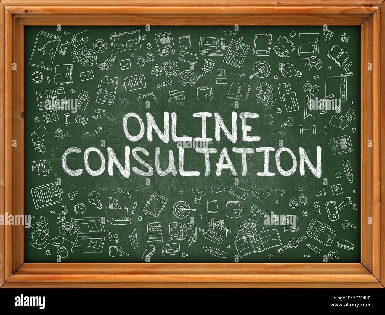 Green Chalkboard with Hand Drawn Online Consultation with Doodle Icons ...