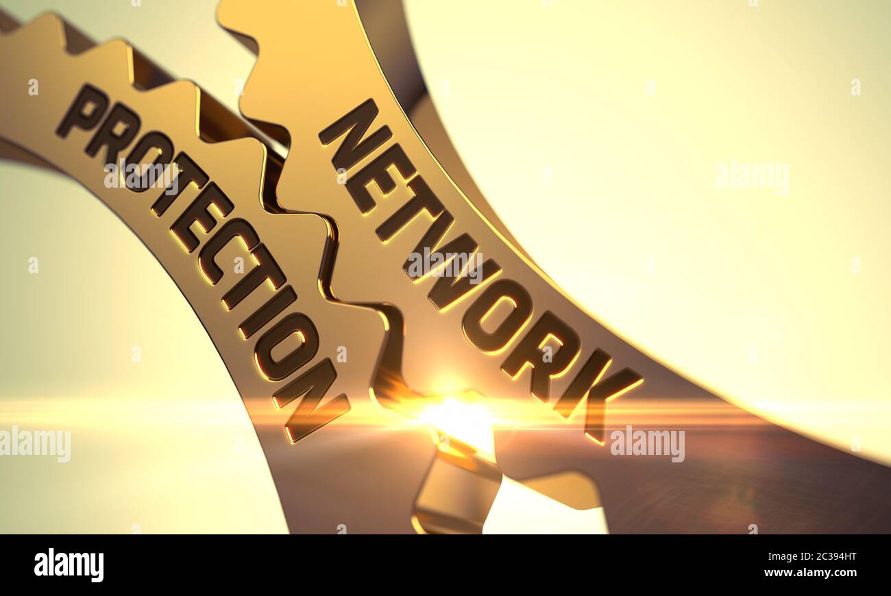 Network Protection - Illustration with Lens Flare. Golden Gears with ...