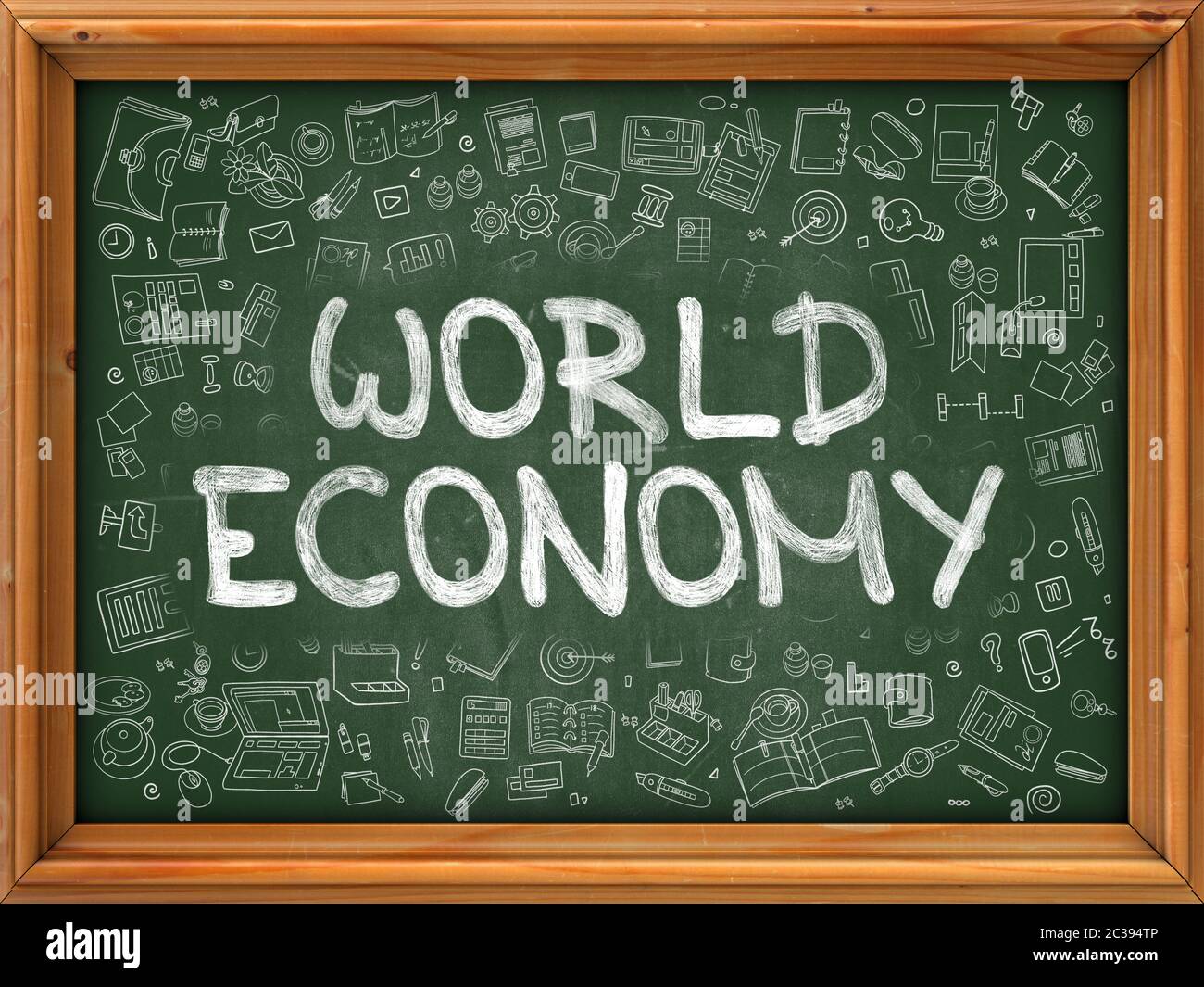 World Economy - Hand Drawn on Green Chalkboard with Doodle Icons Around ...