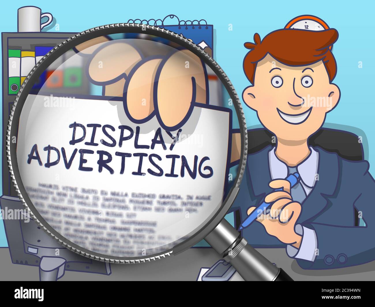 Display Advertising. Paper with Text in Man's Hand through Magnifier ...