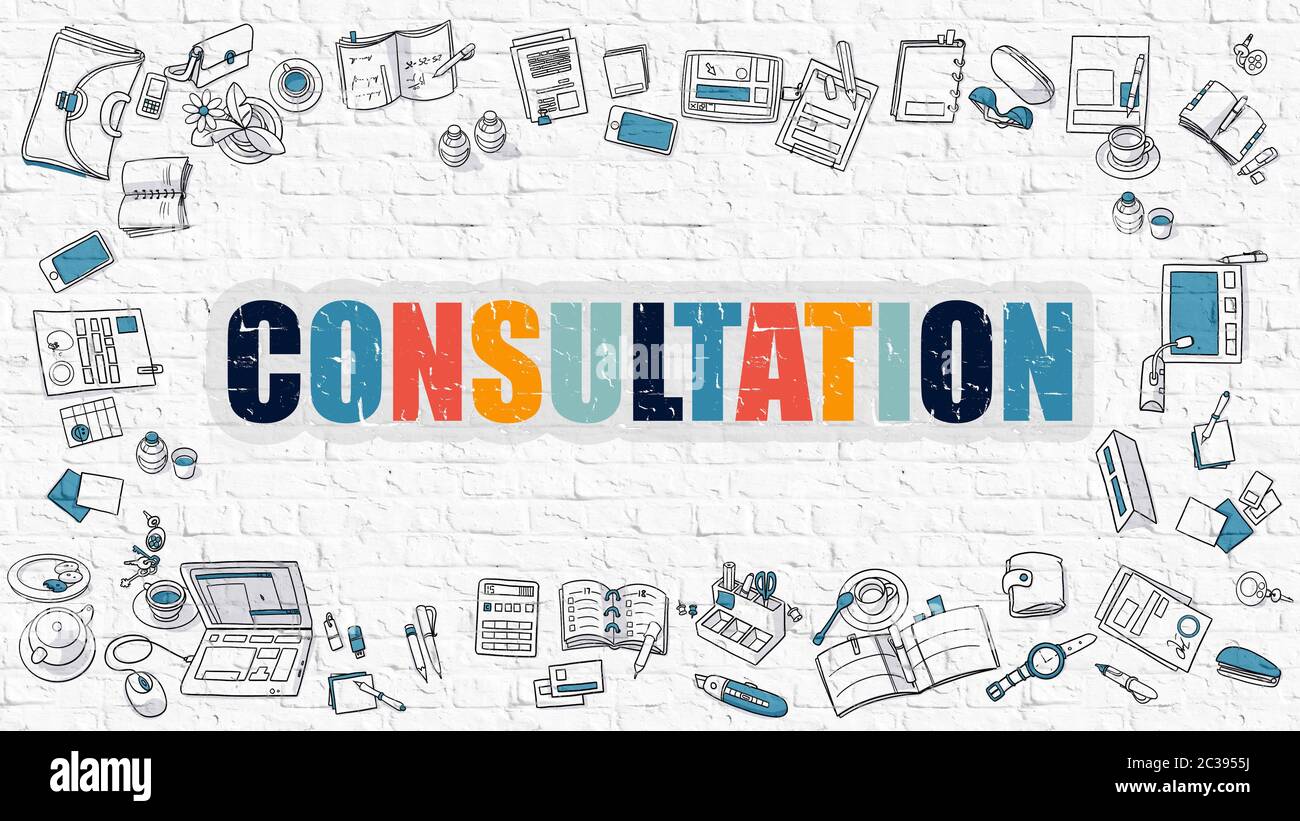 Consultation. Multicolor Inscription on White Brick Wall with Doodle ...