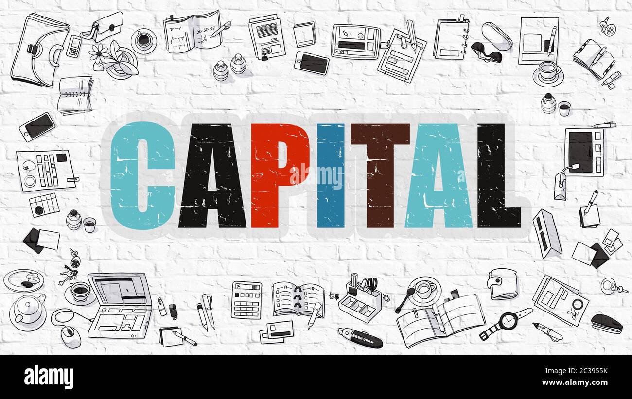 Capital. Multicolor Inscription on White Brick Wall with Doodle Icons ...