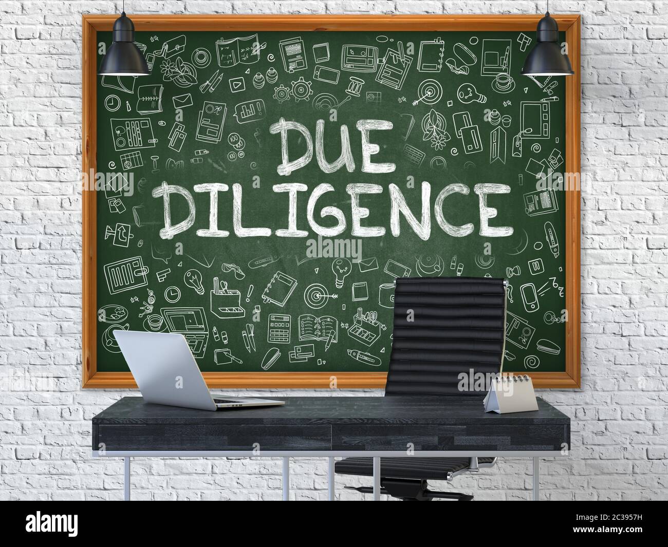 Hand Drawn Due Diligence on Green Chalkboard. Modern Office Interior ...