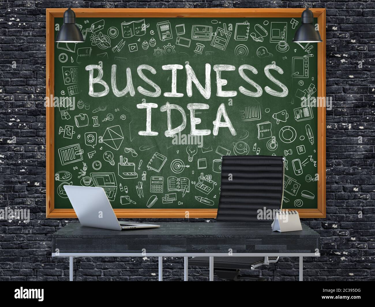 Business Idea Concept Handwritten on Green Chalkboard with Doodle Icons ...